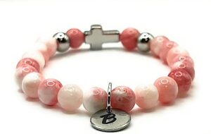 women's cross bracelet with initial charm, pink white jade semi precious stones (7, pink white jade)