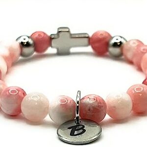 Women's Cross Bracelet with Initial Charm, Pink White Jade Semi Precious Stones (7, Pink White Jade)