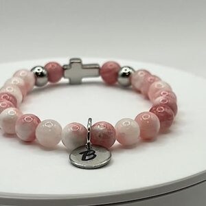 Women's Cross Bracelet with Initial Charm, Pink White Jade Semi Precious Stones (7, Pink White Jade)