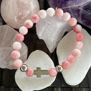 Women's Cross Bracelet with Initial Charm, Pink White Jade Semi Precious Stones (7, Pink White Jade)