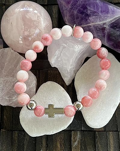 Women's Cross Bracelet with Initial Charm, Pink White Jade Semi Precious Stones (7, Pink White Jade)