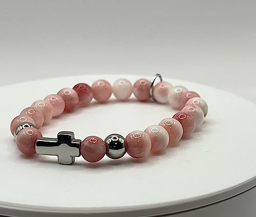 Women's Cross Bracelet with Initial Charm, Pink White Jade Semi Precious Stones (7, Pink White Jade)