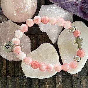 Women's Cross Bracelet with Initial Charm, Pink White Jade Semi Precious Stones (7, Pink White Jade)