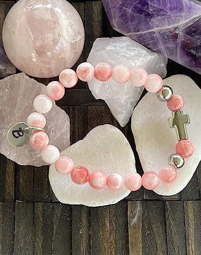 Women's Cross Bracelet with Initial Charm, Pink White Jade Semi Precious Stones (7, Pink White Jade)