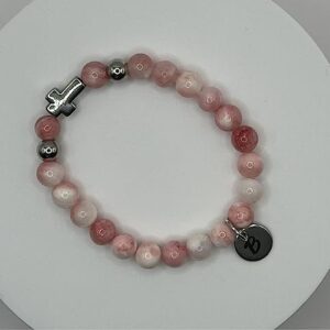 Women's Cross Bracelet with Initial Charm, Pink White Jade Semi Precious Stones (7, Pink White Jade)