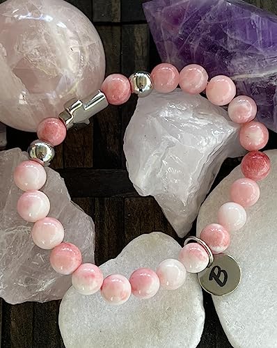 Women's Cross Bracelet with Initial Charm, Pink White Jade Semi Precious Stones (7, Pink White Jade)