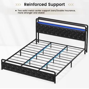 ADORNEVE King LED Bed Frame with Storage Headboard,Faux Leather King Size Platform Bed Frame with Power Outlets & USB Ports,Noise-Free,Black