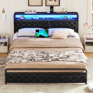 ADORNEVE King LED Bed Frame with Storage Headboard,Faux Leather King Size Platform Bed Frame with Power Outlets & USB Ports,Noise-Free,Black