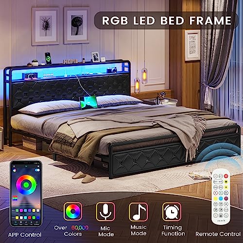 ADORNEVE King LED Bed Frame with Storage Headboard,Faux Leather King Size Platform Bed Frame with Power Outlets & USB Ports,Noise-Free,Black