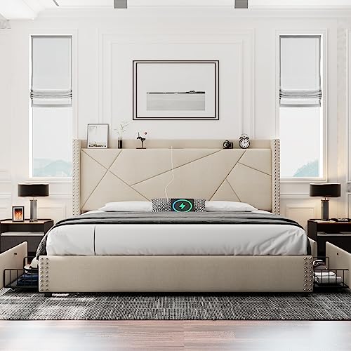 Feonase King Bed Frame with 4 Storage Drawers, Upholstered Platform Bed with Charging Station & Wingback Headboard, Solid Wood Slats Support, No Box Spring Needed, Noise-Free, Beige