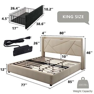 Feonase King Bed Frame with 4 Storage Drawers, Upholstered Platform Bed with Charging Station & Wingback Headboard, Solid Wood Slats Support, No Box Spring Needed, Noise-Free, Beige