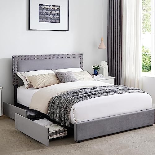 Queen Size Upholstered Platform Bed Frame Platform with 4 Storage Drawers, Adjustable Velvet Rivets Headboard, Wooden Slats Support, No Box Spring Needed, Easy Assembly