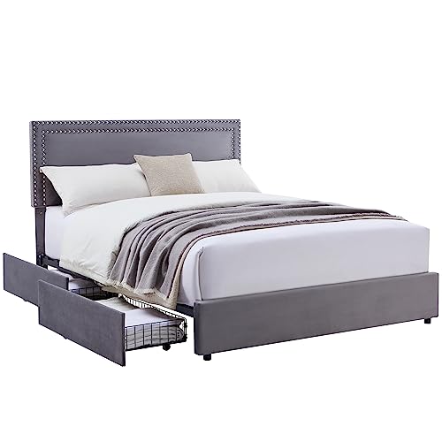 Queen Size Upholstered Platform Bed Frame Platform with 4 Storage Drawers, Adjustable Velvet Rivets Headboard, Wooden Slats Support, No Box Spring Needed, Easy Assembly