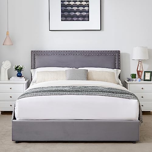 Queen Size Upholstered Platform Bed Frame Platform with 4 Storage Drawers, Adjustable Velvet Rivets Headboard, Wooden Slats Support, No Box Spring Needed, Easy Assembly