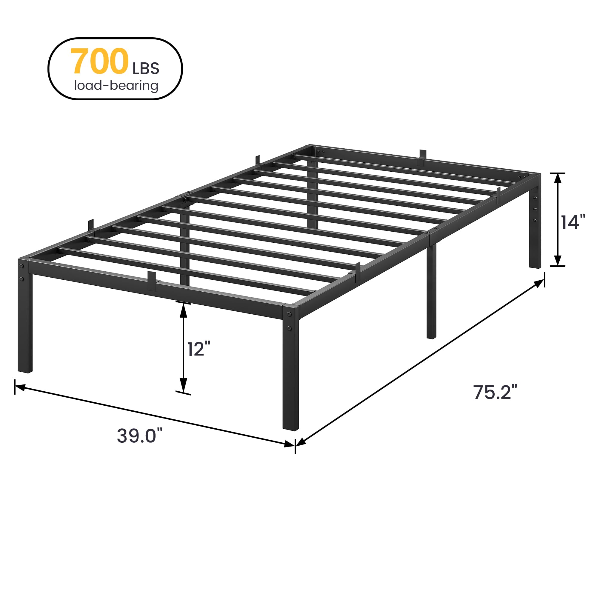 IDEALHOUSE 14 Inch Twin Bed Frame with Storage,Metal Platform Twin Bed Frame No Box Spring Needed Steel Slat Support Easy Assembly