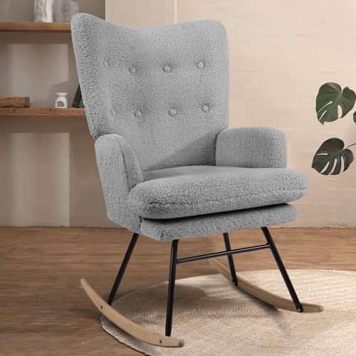 Waleaf Rocking Chair Nursery Chair Teddy Upholstered Glider Rocker Rocking Accent Chair Padded Seat with High Backrest Armchair Bedroom Chair Comfy Chair (Grey)…