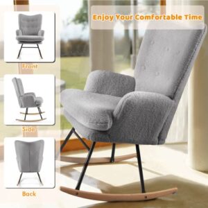 Waleaf Rocking Chair Nursery Chair Teddy Upholstered Glider Rocker Rocking Accent Chair Padded Seat with High Backrest Armchair Bedroom Chair Comfy Chair (Grey)…