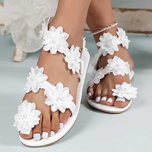 Womens Sandals Bohemia Peals Flower Gladiator Sandals Toe Ring Slip on Flats Sandals Casual Summer Beach Shoes