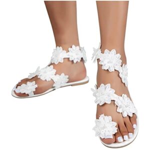 Womens Sandals Bohemia Peals Flower Gladiator Sandals Toe Ring Slip on Flats Sandals Casual Summer Beach Shoes