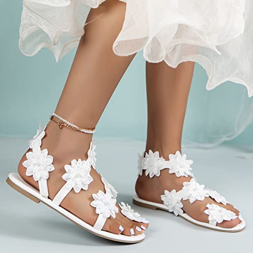 Womens Sandals Bohemia Peals Flower Gladiator Sandals Toe Ring Slip on Flats Sandals Casual Summer Beach Shoes