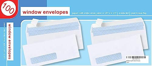 100 Count - #10 Security Business Envelopes, With Window, Security Inside Tint Pattern, Peal & Seal Closure, Size 4-1/8 x 9-1/2 Inches, White 24 LB, 100 Count