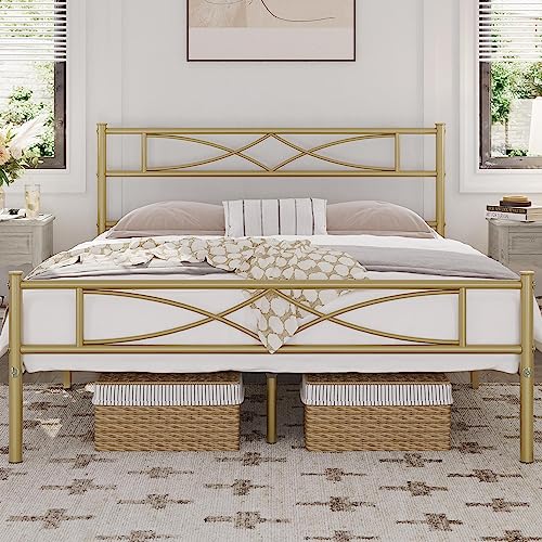 Yaheetech Metal Queen Size Bed Frame, Platform Bed Frame, Mattress Foundation with Curved Design Headboard & Footboard, NO Box Spring Needed, Heavy-Duty Support, Easy Assembly, Queen,Antique Gold