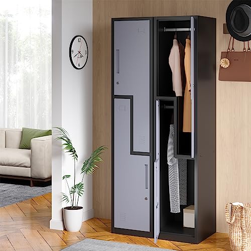 BYNSOE Metal Locker L Shape with 2 Doors Employees Locker Storage Cabinet Locker School Hospital Gym Locker Requires Assembly (Black Grey)