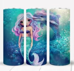 mermaid and dophin glitter look tumbler- 20oz skinny tumble stainless steel insulated tumbler with straw and grip pad on bottom - comes in a gift box