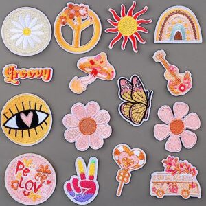 myhiju 15pcs retro hippie embroidered iron on patches for clothes,boho assorted styles jean patches cute sewing iron on patch applique diy craft accessories for clothes bag backpacks hat (light color)