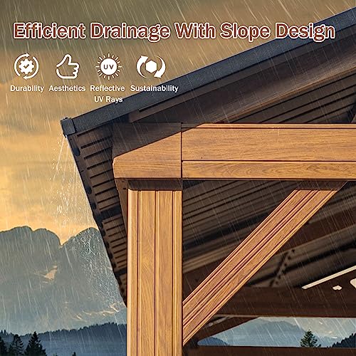 Domi 12x20FT Hardtop Gazebo, Galvanized Steel Gable Roof Gazebo Pergola with Wood Grain Aluminum Frame, Outdoor Permanent Gazebo Pavilion for Patio, Garden, Deck, Backyard