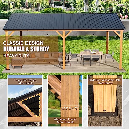 Domi 12x20FT Hardtop Gazebo, Galvanized Steel Gable Roof Gazebo Pergola with Wood Grain Aluminum Frame, Outdoor Permanent Gazebo Pavilion for Patio, Garden, Deck, Backyard