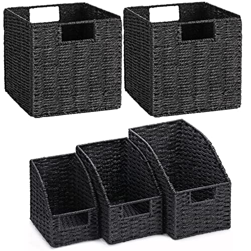 Vagusicc Wicker Storage Baskets, Set of 2 Hand-Woven Foldable Cube Storage Baskets with Handles 13 inches + Set of 3 Shelf Baskets Organizer Small Wicker Baskets for Pantry Office Kitchen, Black