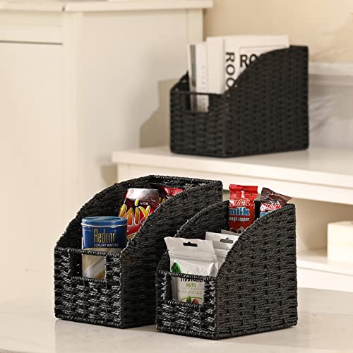 Vagusicc Wicker Storage Baskets, Set of 2 Hand-Woven Foldable Cube Storage Baskets with Handles 13 inches + Set of 3 Shelf Baskets Organizer Small Wicker Baskets for Pantry Office Kitchen, Black