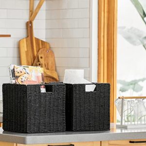 Vagusicc Wicker Storage Baskets, Set of 2 Hand-Woven Foldable Cube Storage Baskets with Handles 13 inches + Set of 3 Shelf Baskets Organizer Small Wicker Baskets for Pantry Office Kitchen, Black