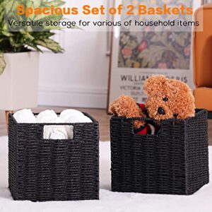 Vagusicc Wicker Storage Baskets, Set of 2 Hand-Woven Foldable Cube Storage Baskets with Handles 13 inches + Set of 3 Shelf Baskets Organizer Small Wicker Baskets for Pantry Office Kitchen, Black