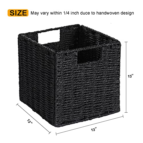 Vagusicc Wicker Storage Baskets, Set of 2 Hand-Woven Foldable Cube Storage Baskets with Handles 13 inches + Set of 3 Shelf Baskets Organizer Small Wicker Baskets for Pantry Office Kitchen, Black