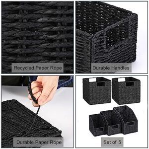 Vagusicc Wicker Storage Baskets, Set of 2 Hand-Woven Foldable Cube Storage Baskets with Handles 13 inches + Set of 3 Shelf Baskets Organizer Small Wicker Baskets for Pantry Office Kitchen, Black