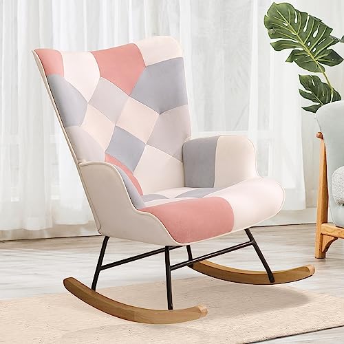 KGOPK Rocking Chair Upholstered Rocking Chairs for Living Room,High Back Arm Chair Comfy Side Chair with Wooden Base Nursery Glider Rocker for Bedroom,Office (Patchwork Pink)