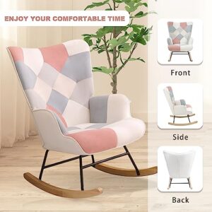 KGOPK Rocking Chair Upholstered Rocking Chairs for Living Room,High Back Arm Chair Comfy Side Chair with Wooden Base Nursery Glider Rocker for Bedroom,Office (Patchwork Pink)