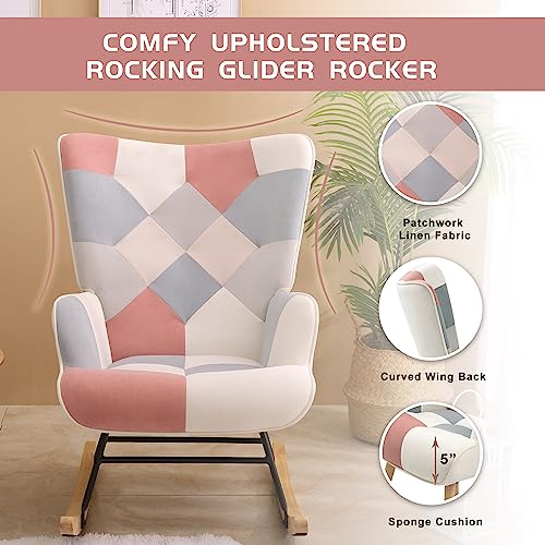 KGOPK Rocking Chair Upholstered Rocking Chairs for Living Room,High Back Arm Chair Comfy Side Chair with Wooden Base Nursery Glider Rocker for Bedroom,Office (Patchwork Pink)