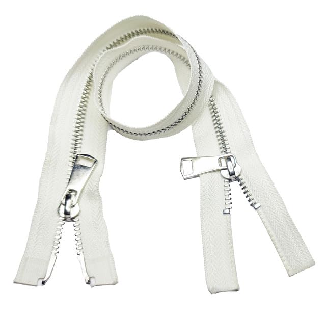 2PCS #5 38inch Two Way Separating Zippers(Open-end Zipper) for Jackets Sewing Coats Crafts,Silver Metal Zippers Bulk（White Belt-38in 2pcs）