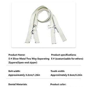 2PCS #5 38inch Two Way Separating Zippers(Open-end Zipper) for Jackets Sewing Coats Crafts,Silver Metal Zippers Bulk（White Belt-38in 2pcs）