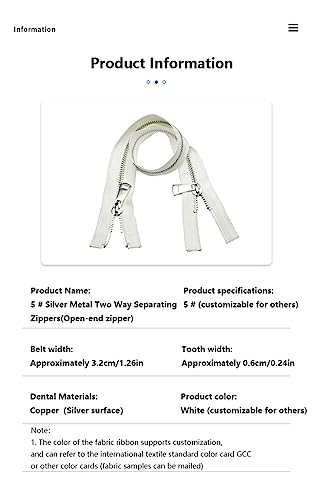 2PCS #5 38inch Two Way Separating Zippers(Open-end Zipper) for Jackets Sewing Coats Crafts,Silver Metal Zippers Bulk（White Belt-38in 2pcs）