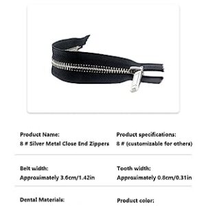 2PCS 8# 20 Inch Close End Zippers for Sewing Bags Crafts Jackets,Silver Metal Teeth（Black Belt-50cm 2PCS）