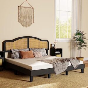 cozy castle wooden king size bed frame with adjustable rattan headboard, boho platform bed frame, no box spring needed, black