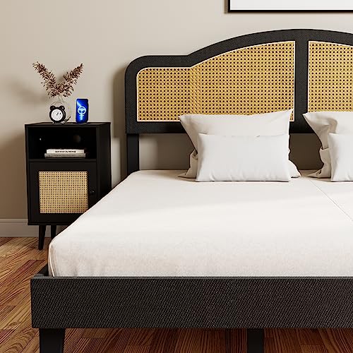 Cozy Castle Wooden King Size Bed Frame with Adjustable Rattan headboard, Boho Platform Bed Frame, No Box Spring Needed, Black