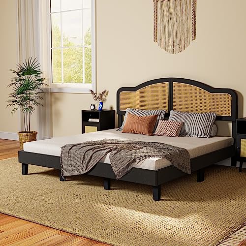 Cozy Castle Wooden King Size Bed Frame with Adjustable Rattan headboard, Boho Platform Bed Frame, No Box Spring Needed, Black