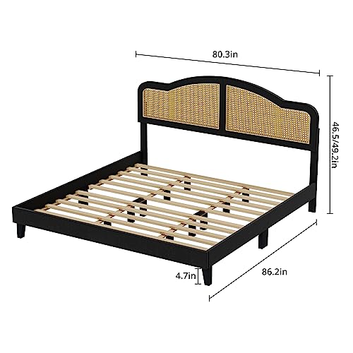 Cozy Castle Wooden King Size Bed Frame with Adjustable Rattan headboard, Boho Platform Bed Frame, No Box Spring Needed, Black