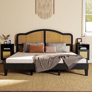 Cozy Castle Wooden King Size Bed Frame with Adjustable Rattan headboard, Boho Platform Bed Frame, No Box Spring Needed, Black