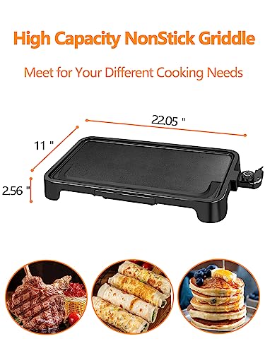 Extra Large Nonstick Electric Griddle - Pancake Griddle for Eggs, Burgers, Beef, Cheese, Party Smokeless Griddle Pan with Temperature Control, Dishwasher Safe, Black, 1500W